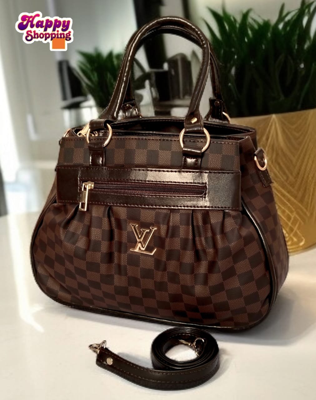 Checkered Pattern LV Handbag With Detachable Strap And Top Handles ...